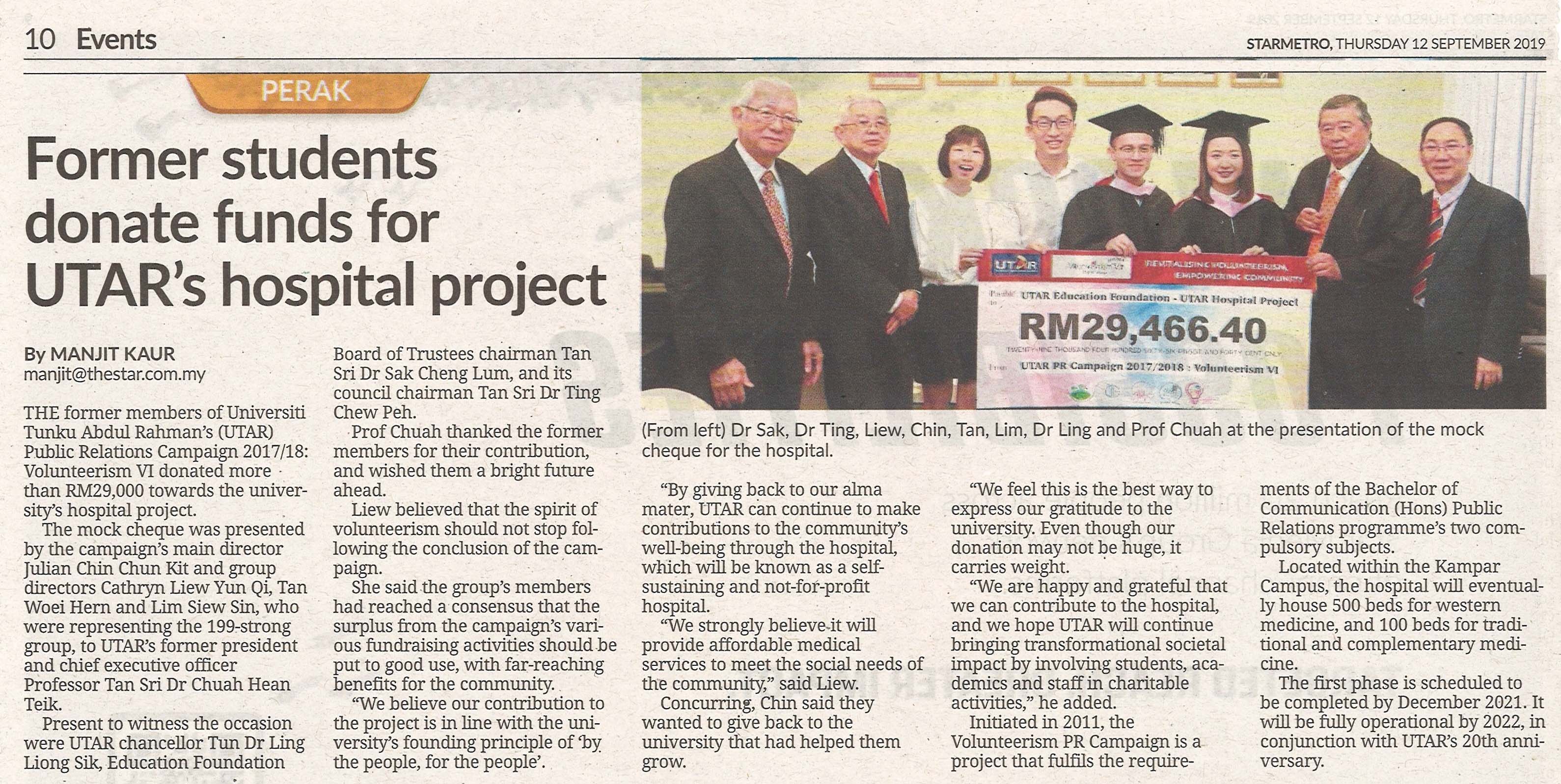 12 Sep 2019 Former students donate funds for UTAR's hospital project